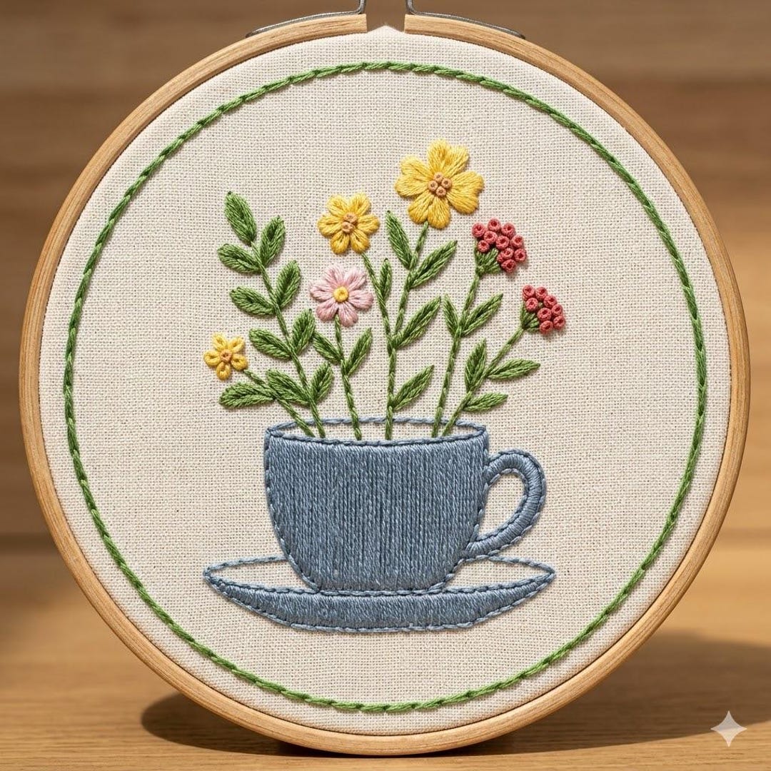 Flowers Teacup Hand Embroidery Pattern, Teacup Flowers Embroidery PDF ...