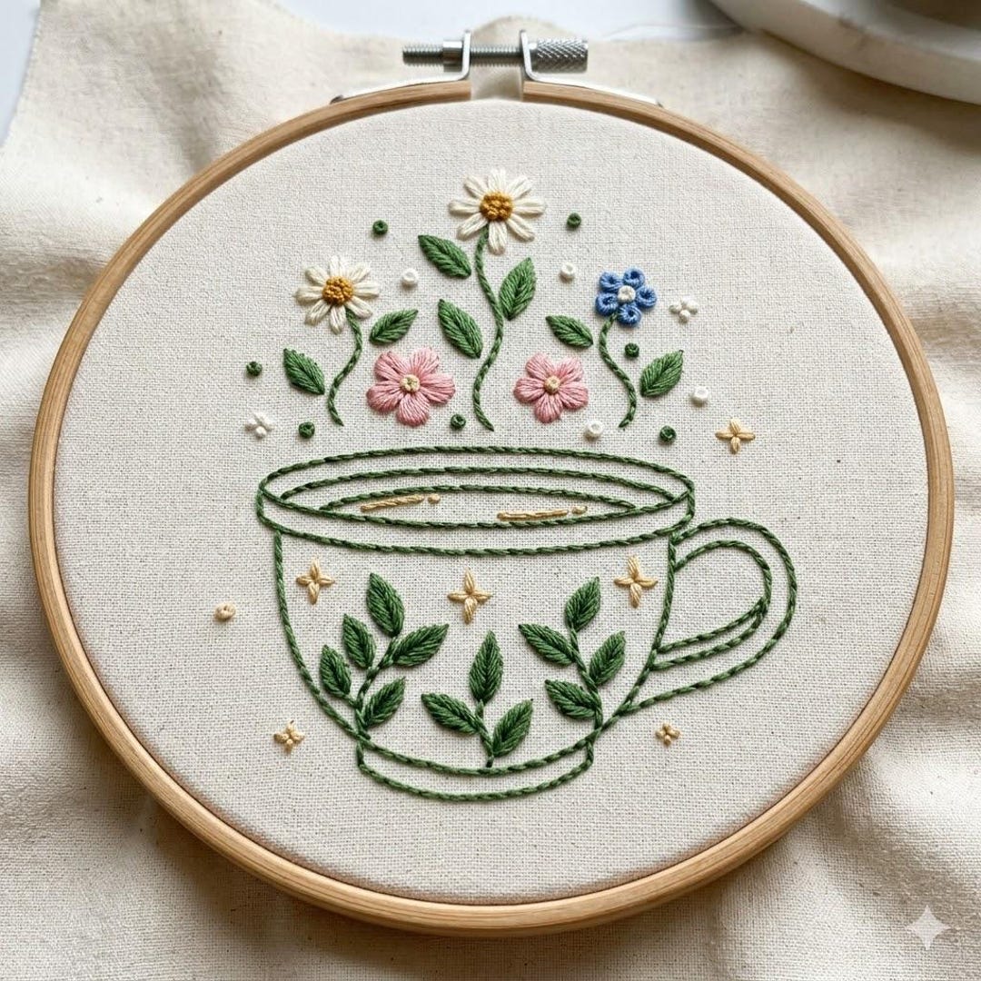Floral Teacup Hand Embroidery Pattern Digital Download PDF Files ...