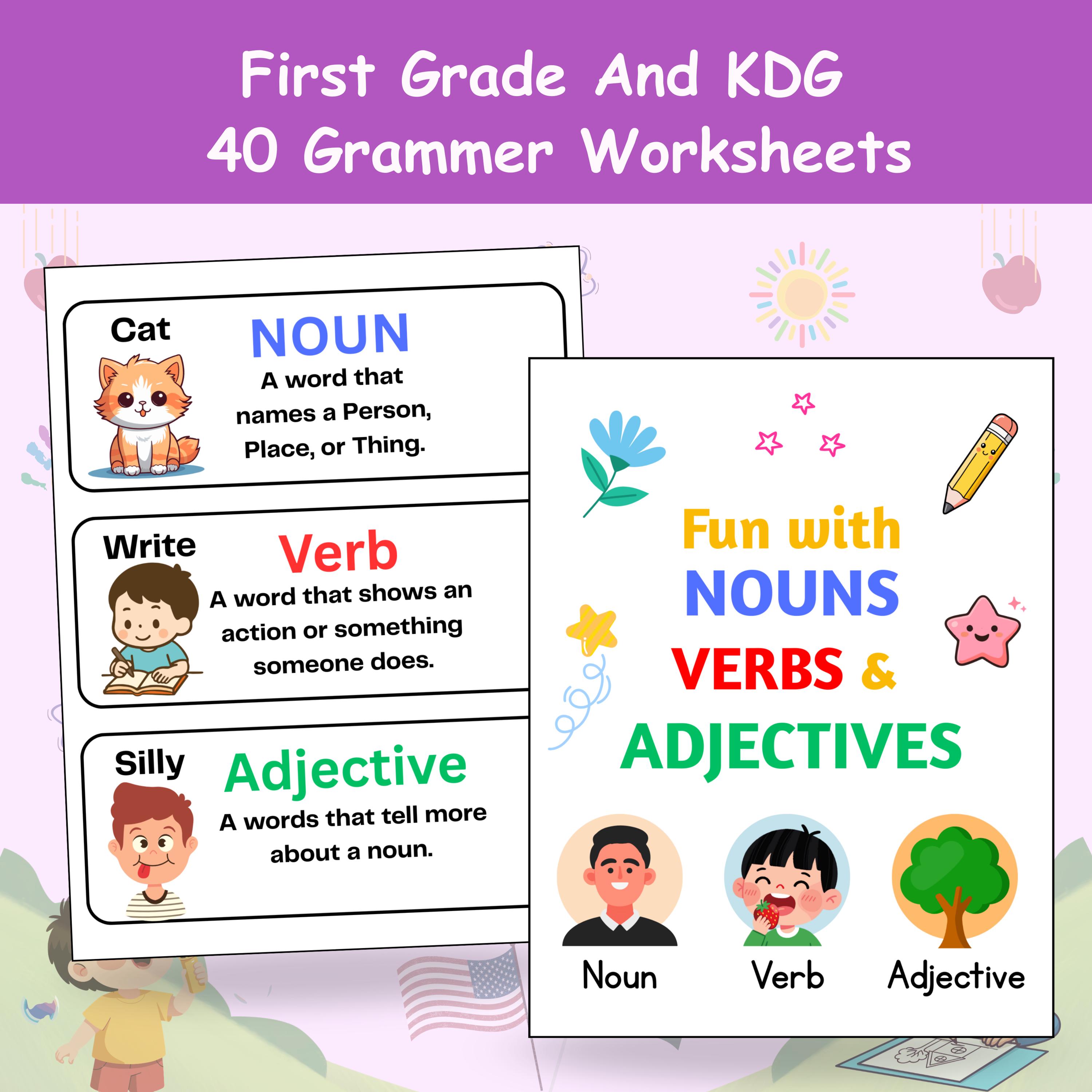 Year 1 Grammar Worksheets for First Grade Kindergarten, Nouns, Verbs ...