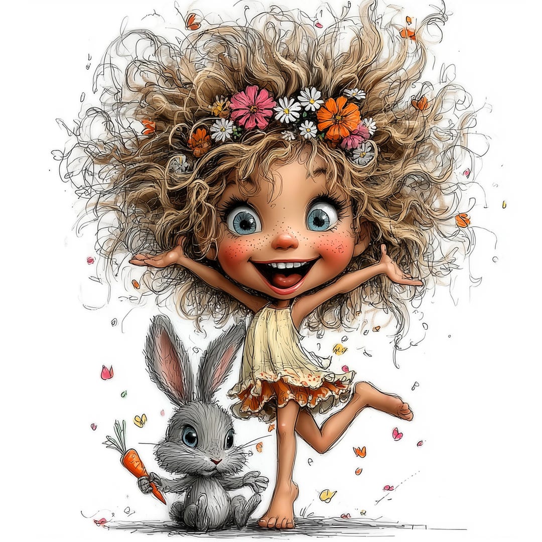 16 JPG Cute Easter Girl Clipart: Whimsical Little Girl With Bunny ...