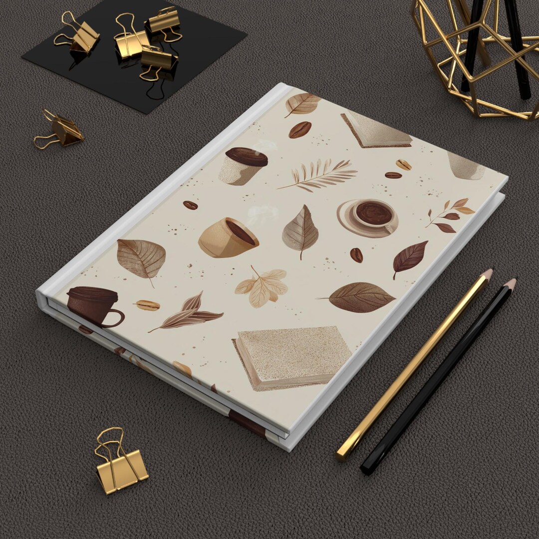 Coffee Cups and Leaves Hardcover Journal | Neutral Cozy Coffee Pattern ...