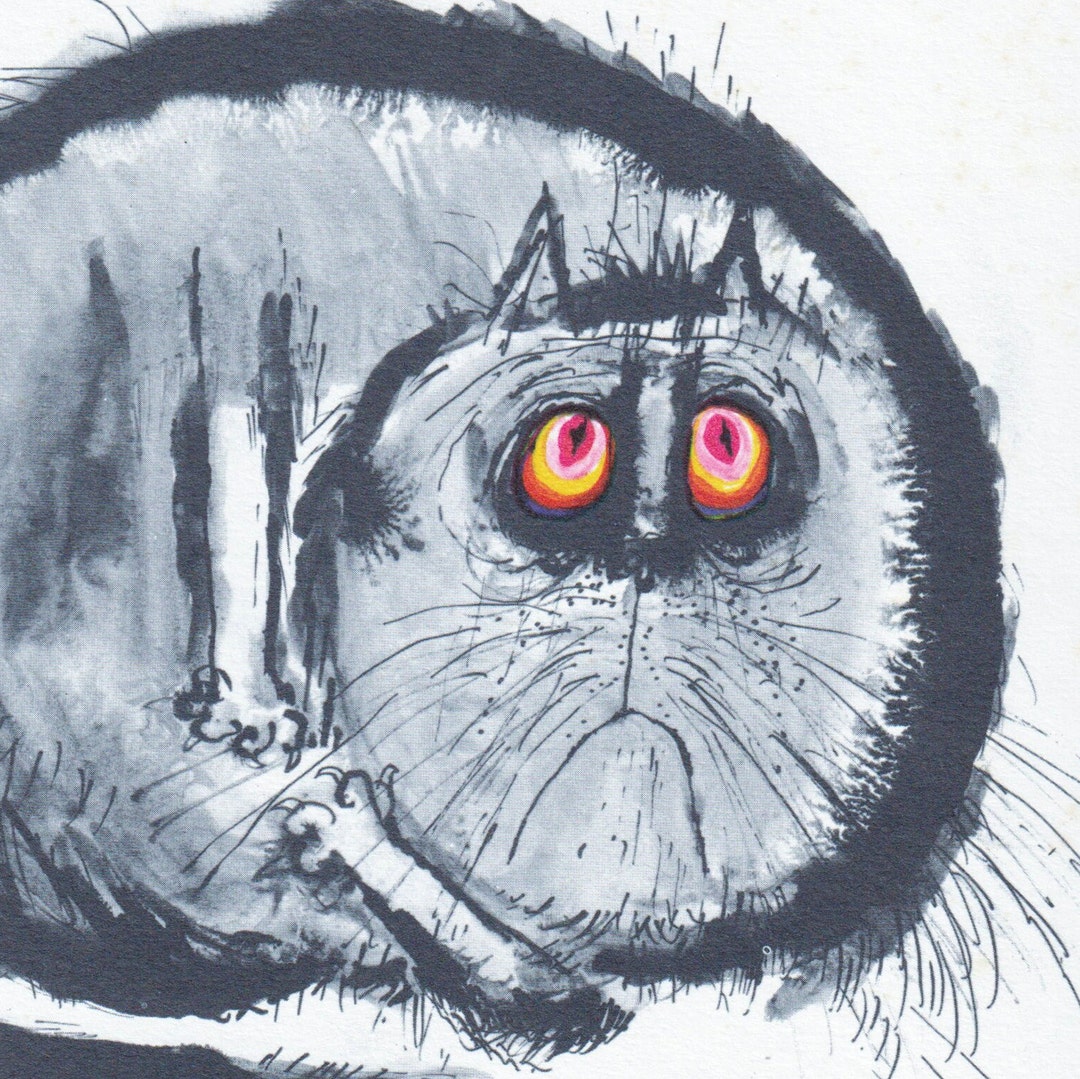 Ronald Searle gluttonous Cat Attempting to Digest the Wing of a Chicken ...