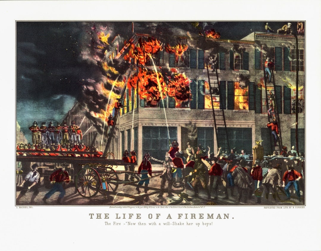 Vintage Book Art "the Life of a Fireman - the Fire" [1854] Currier and ...