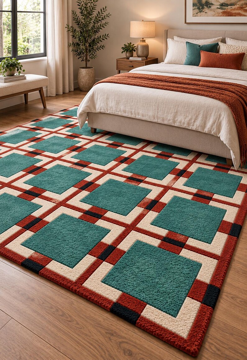 Buy Teal Green Terracotta Cream Geometric Wool Rug, Hand Tufted ...
