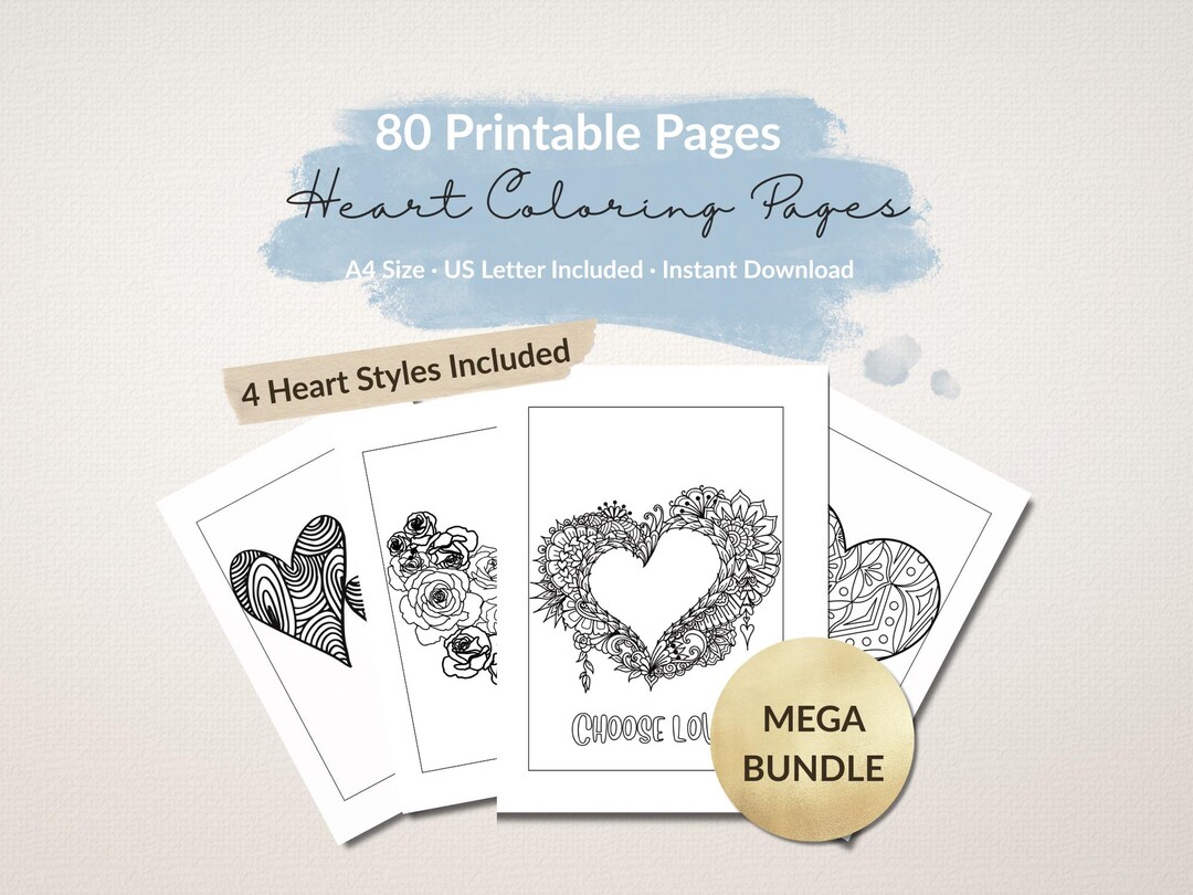 Heart Coloring Pages Bundle for Adults Printable PDF – 80 Heart Designs ...