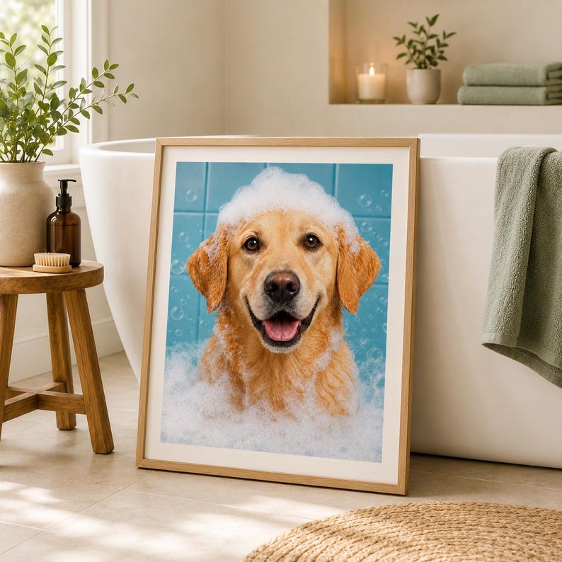 Golden Labrador Bathing Bathroom Art, Funny Bathroom Sign (digital ...