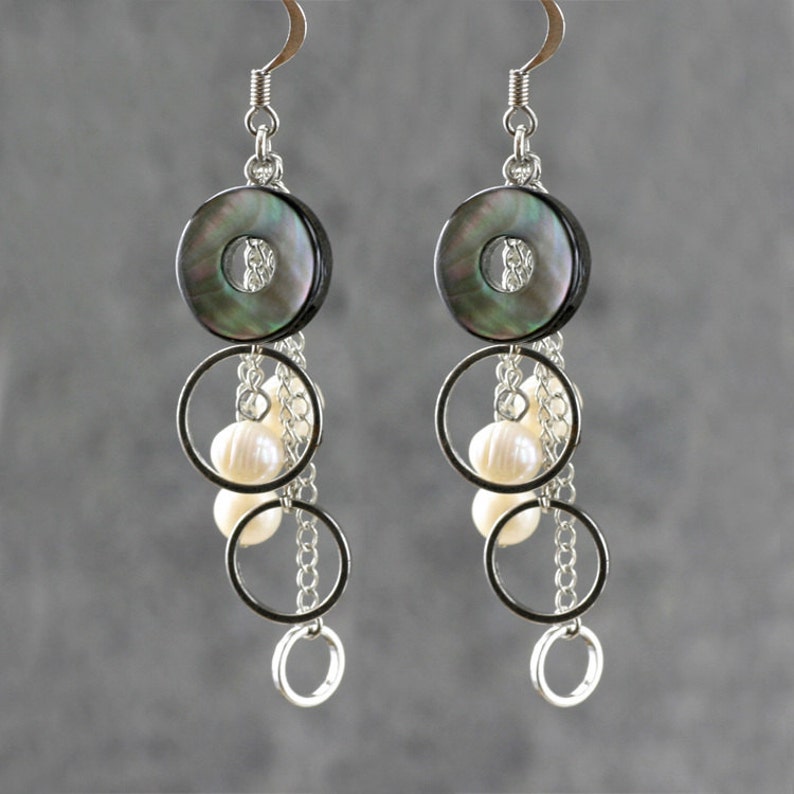 Black Shell Earrings, Pearl Earrings, Dangle Earrings, Chandelier ...