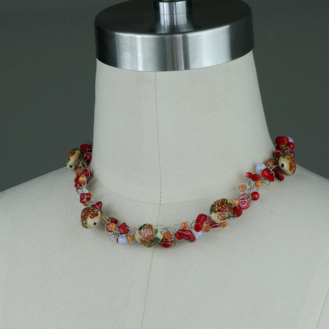Chinese Hand Painted Ceramic Coral Crocheted Necklace, Handmade Jewelry ...