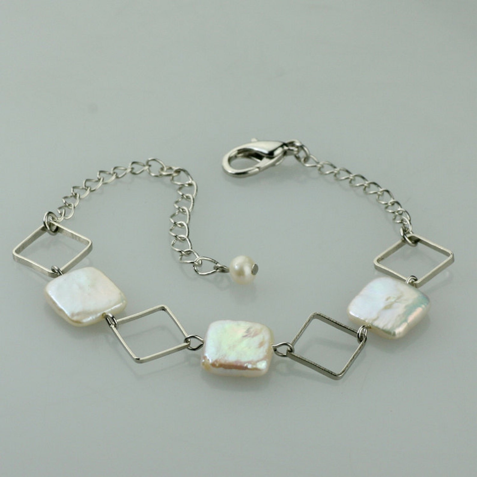 Square Pearl Link Charm Bracelet, Bridesmaid Gift, Anniversary Gift ...