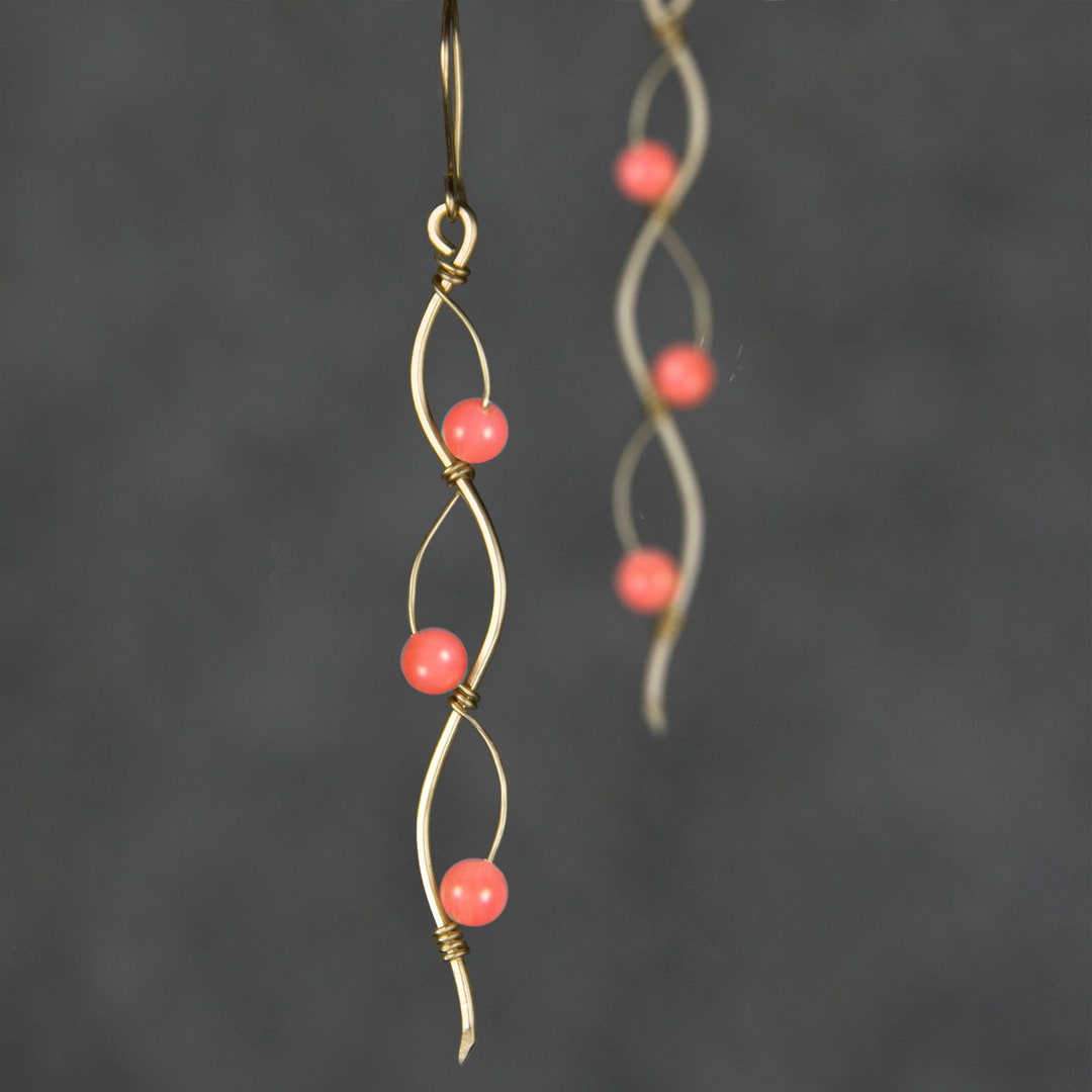 Wavy Earrings, Long Earrings, 14k Gold Filled, Pink Coral, Bridesmaid ...