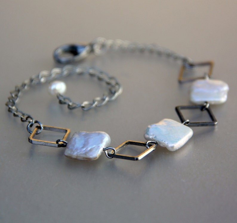 Square Pearl Link Charm Bracelet, Bridesmaid Gift, Anniversary Gift ...