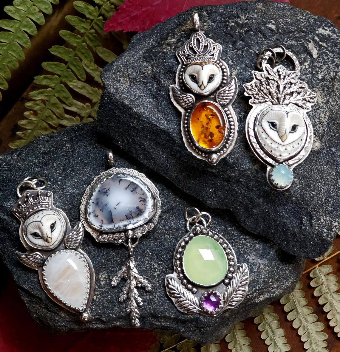 Handmade Sterling Silver Snowy Owl Necklace, Juniper Crown, Aqua ...