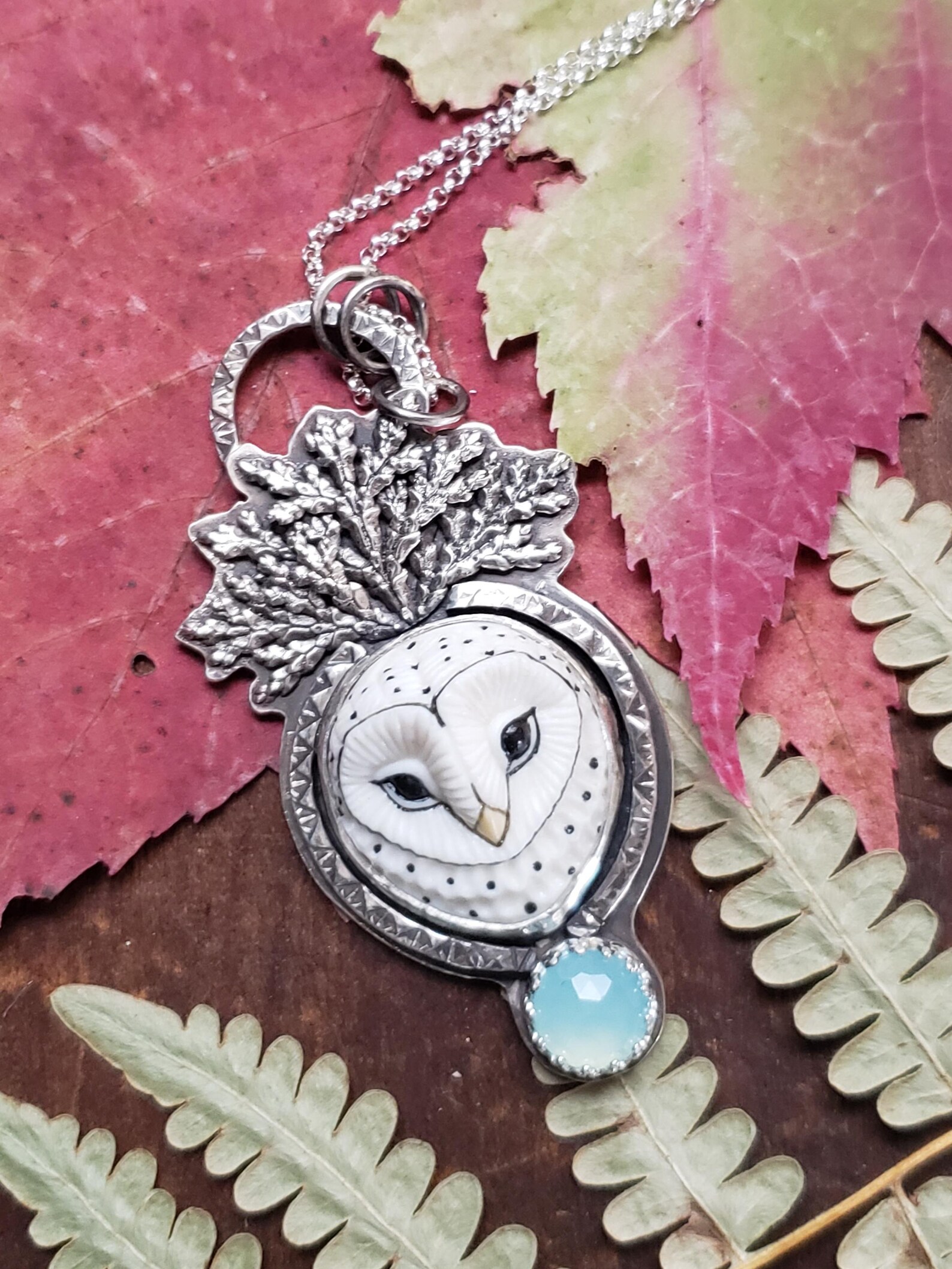 Handmade Sterling Silver Snowy Owl Necklace, Juniper Crown, Aqua ...