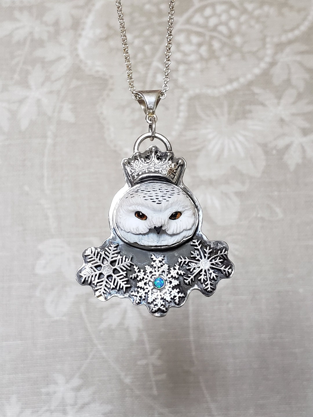 Snowy Owl Necklace, Sterling Silver Crown and Snowflakes, Handmade ...