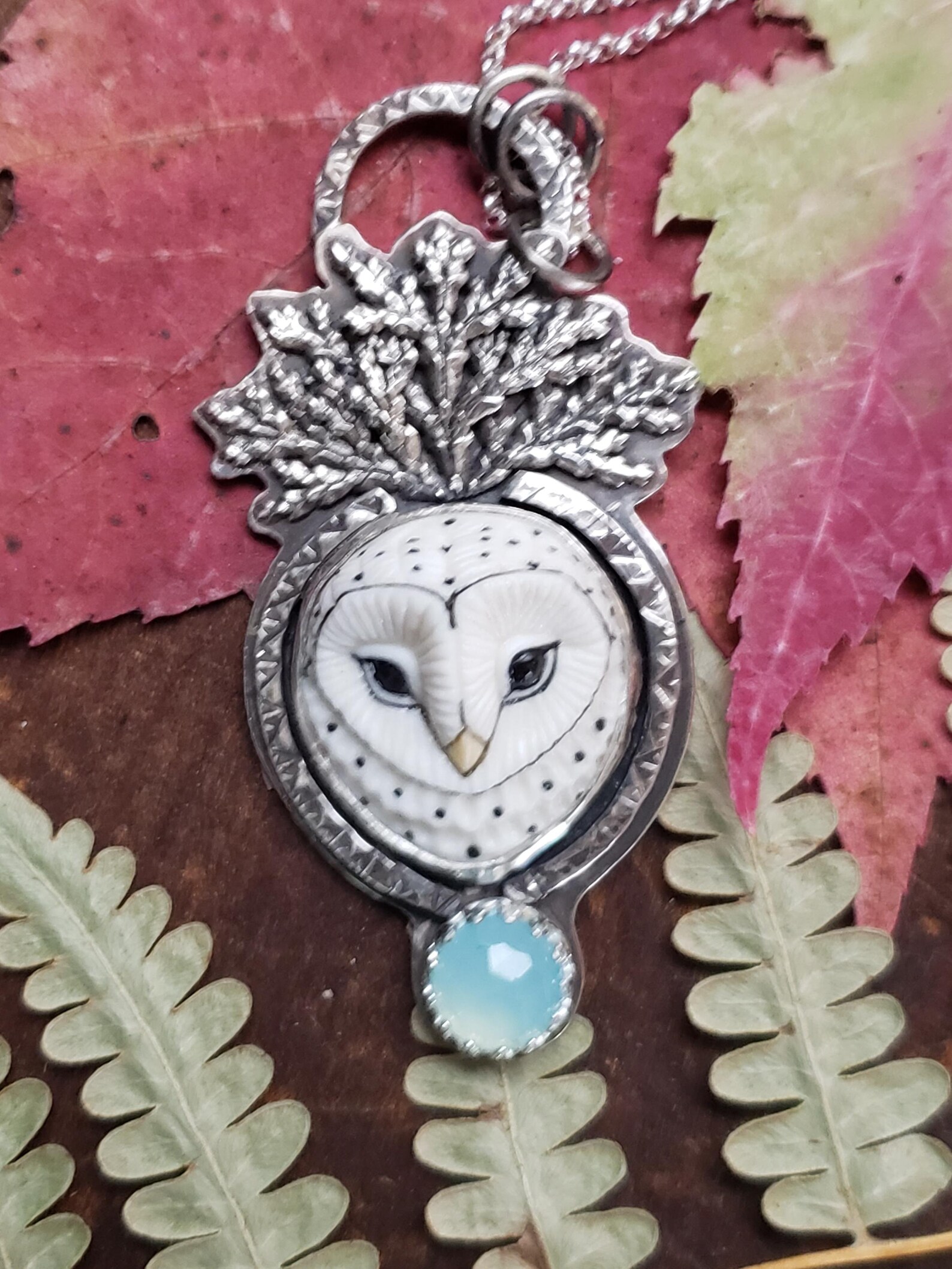 Handmade Sterling Silver Snowy Owl Necklace, Juniper Crown, Aqua ...