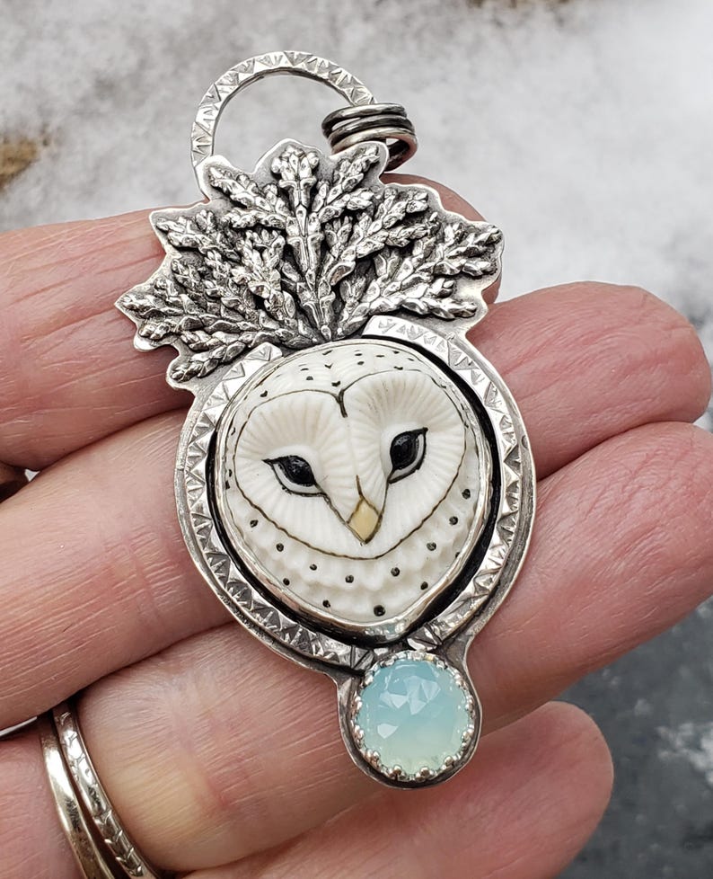 Handmade Sterling Silver Snowy Owl Necklace, Juniper Crown, Aqua ...