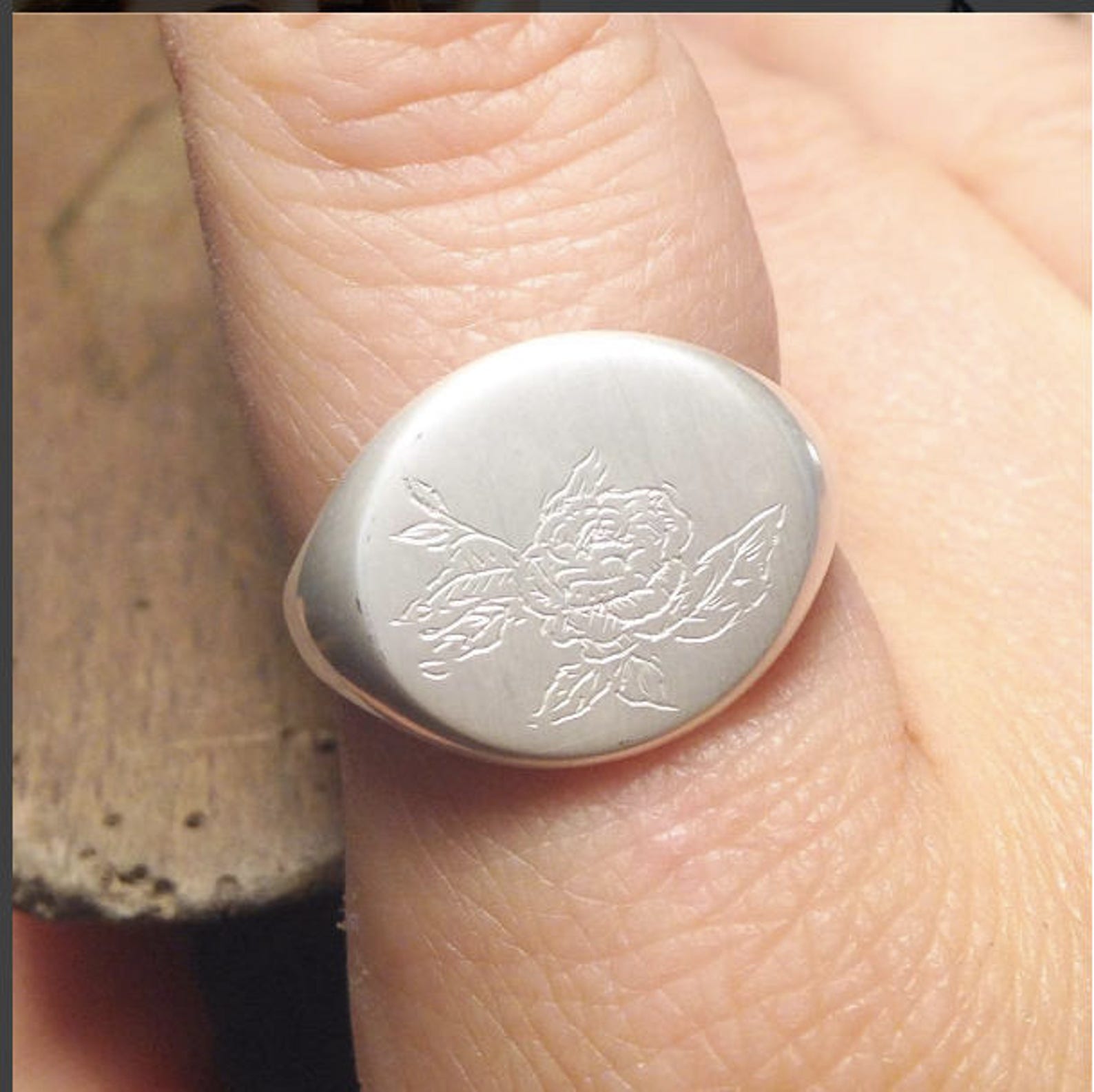 Rose Signet Ring, Hand Engraved Sterling Silver or Gold-plated Silver ...