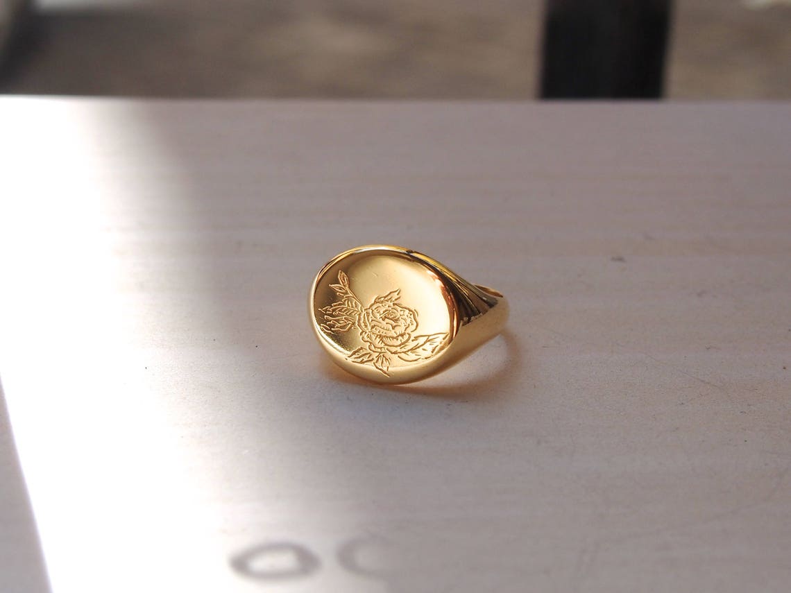 Rose Signet Ring, Hand Engraved Sterling Silver or Gold-plated Silver ...