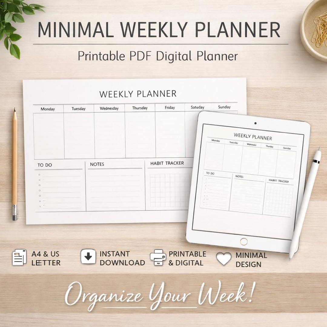 Minimal Weekly Planner | Printable PDF Digital Planner - Etsy UK