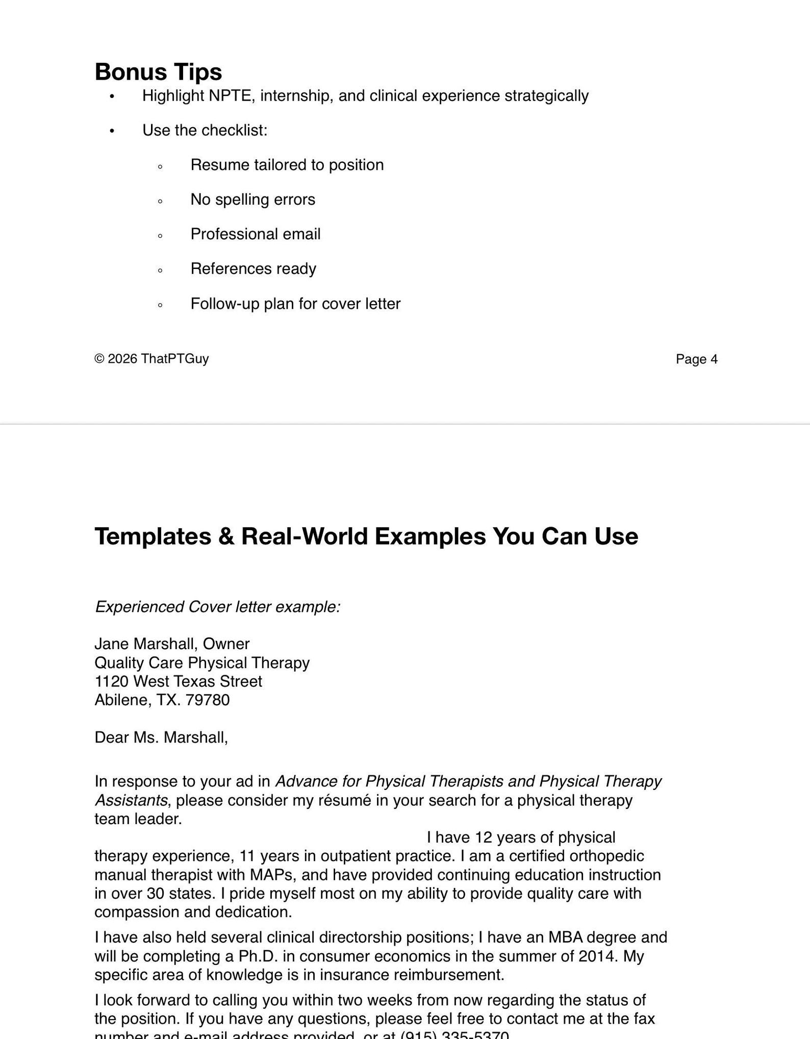 PT Resume and Cover Letter Guide — New Grad Templates & Examples - Etsy