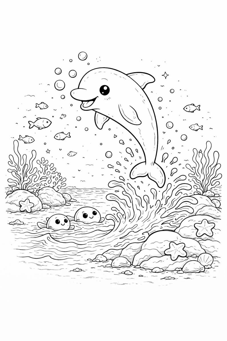 Ocean Coloring Page for Kids Printable Pdf–jellyish Dolphin Fish ...