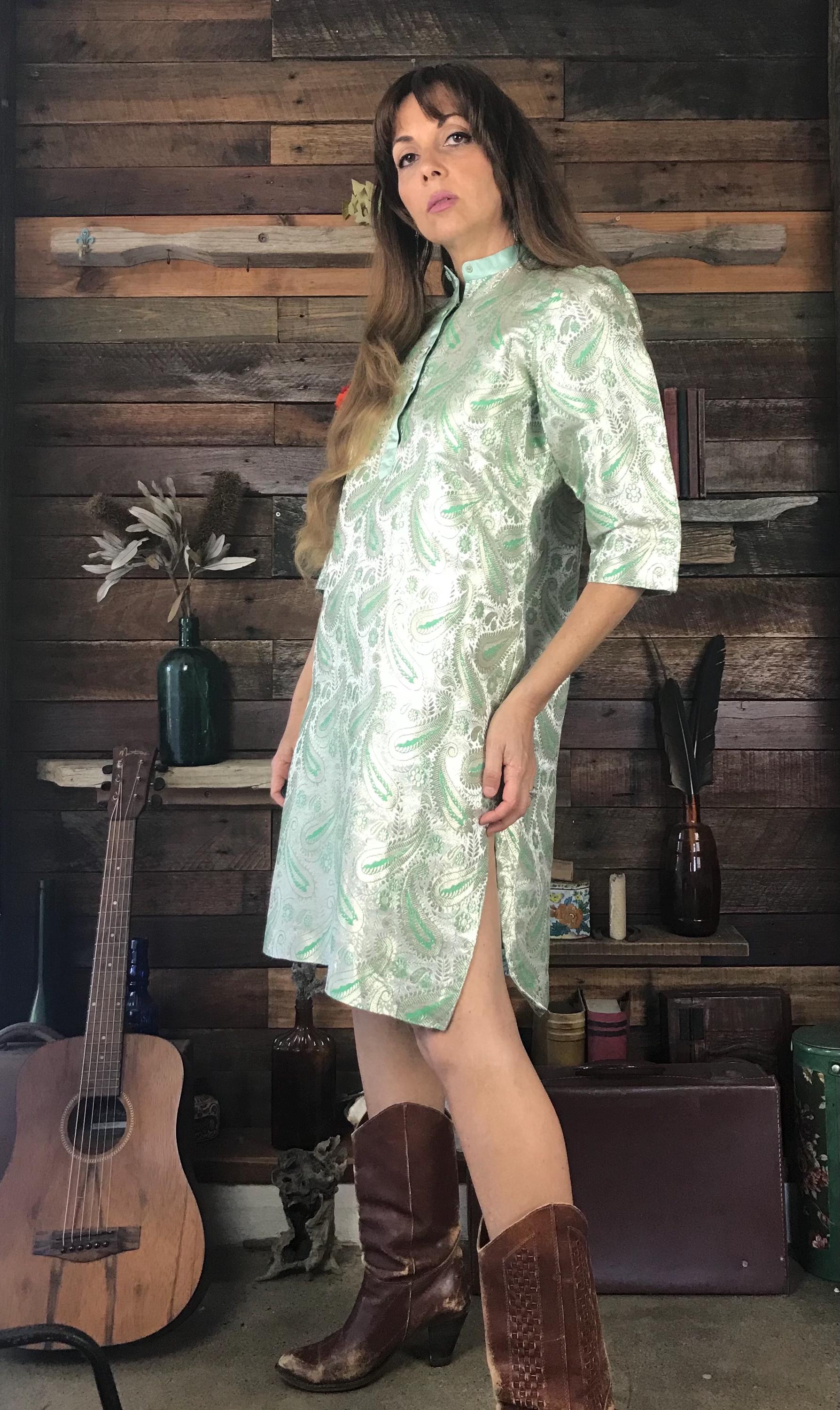 Shimmering 1960’s Soft Sage Green and Silver Paisley Tunic Dress With ...