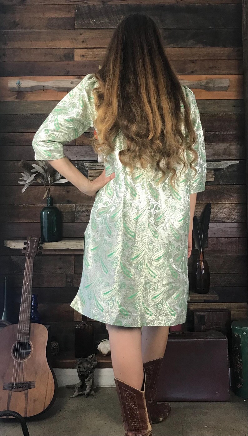 Shimmering 1960’s Soft Sage Green and Silver Paisley Tunic Dress With ...