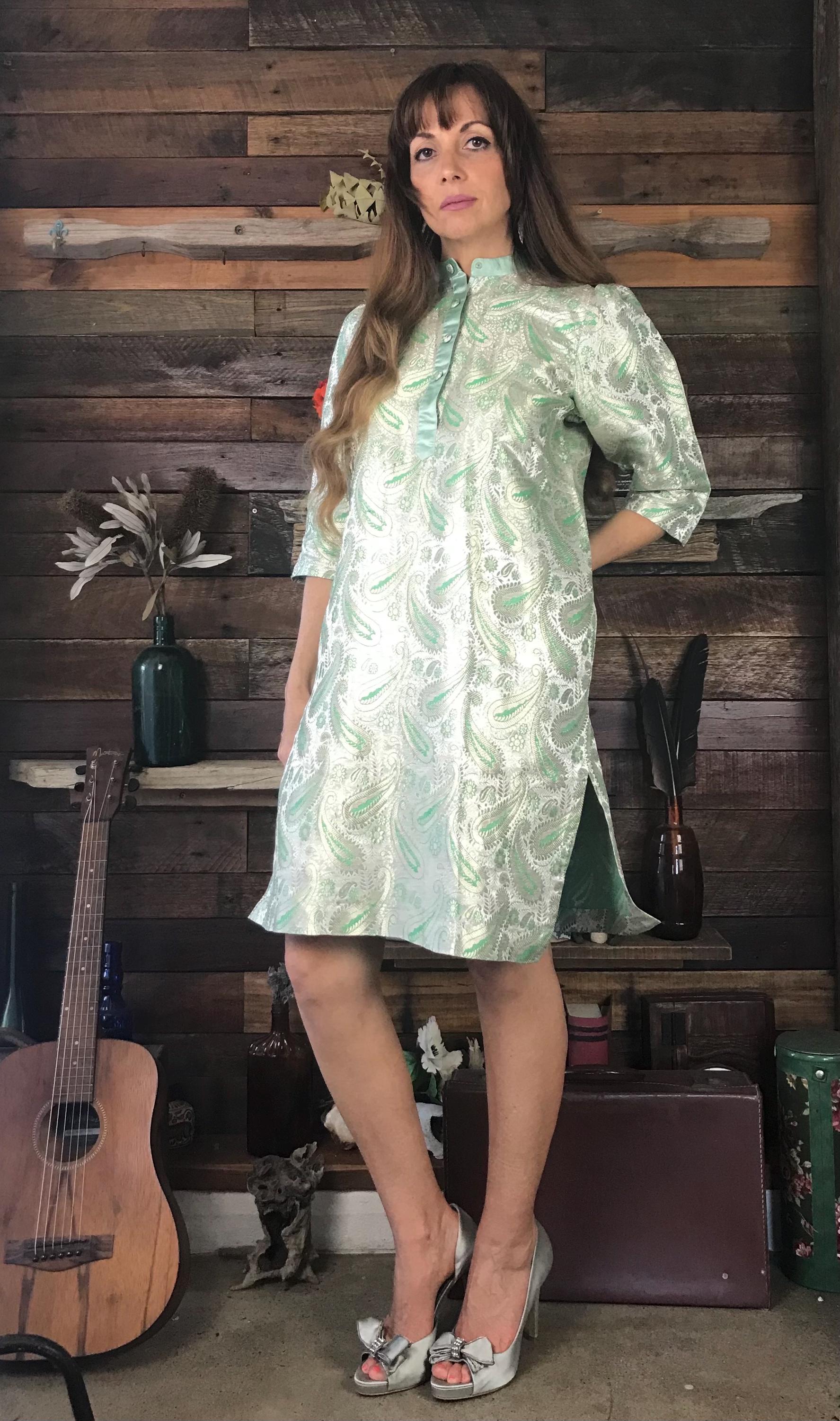Shimmering 1960’s Soft Sage Green and Silver Paisley Tunic Dress With ...