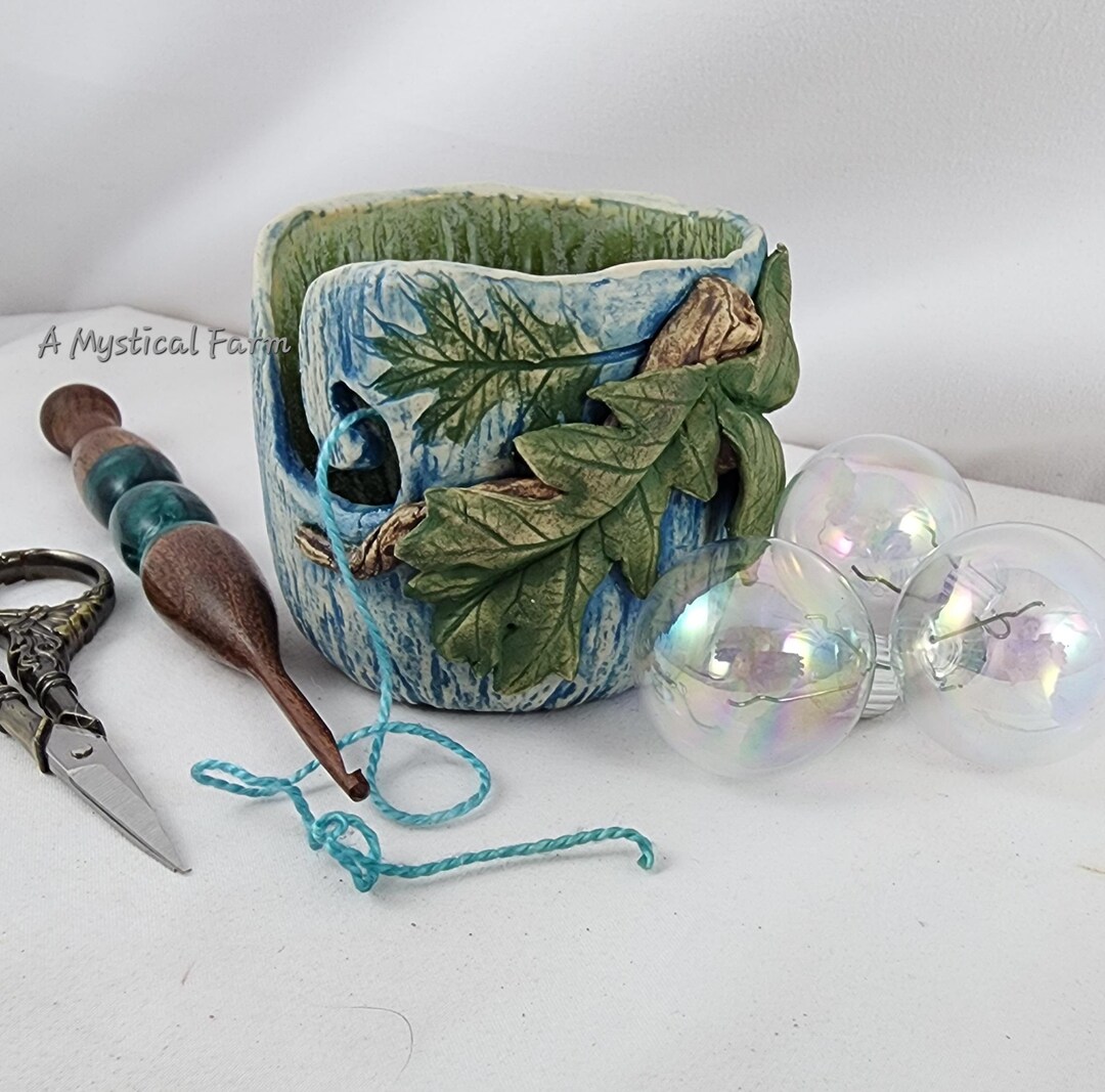 Mini Yarn Bowl, Handmade Stoneware Thread Bowl With Oak Leaves on Sky ...