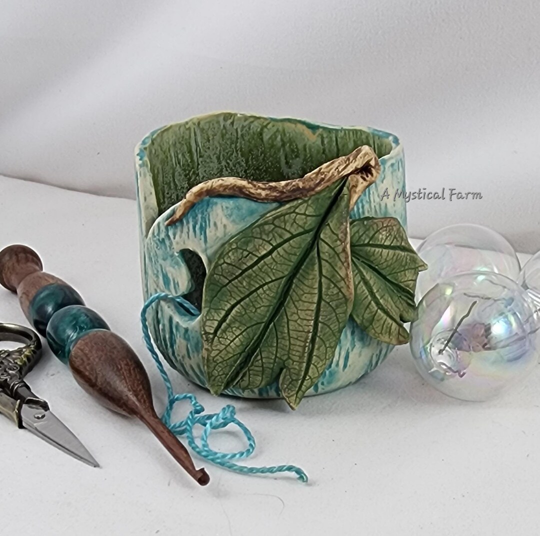 Mini Yarn Bowl, Handmade Stoneware Thread Bowl With Sassafras Leaves on ...