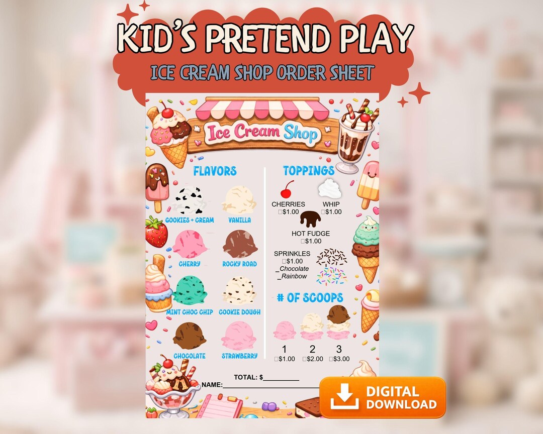 Ice Cream Shop Pretend Play | Kids Order Sheet Notepad (digital ...