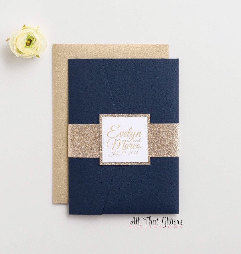Midnight Blue Pocketfold Wedding Invitation, Gold Glitter, RSVP - Etsy