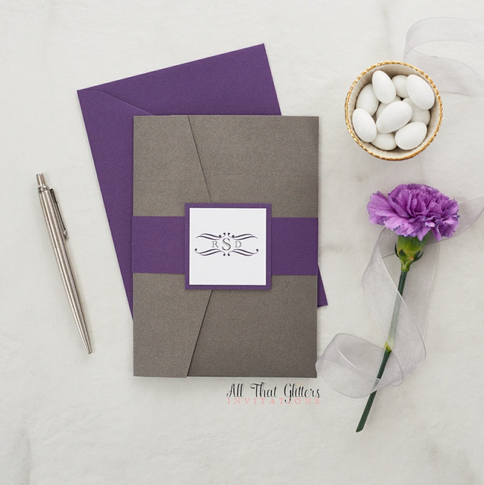 Gray and Purple Wedding Invitations in Pocketfold Banded | Etsy