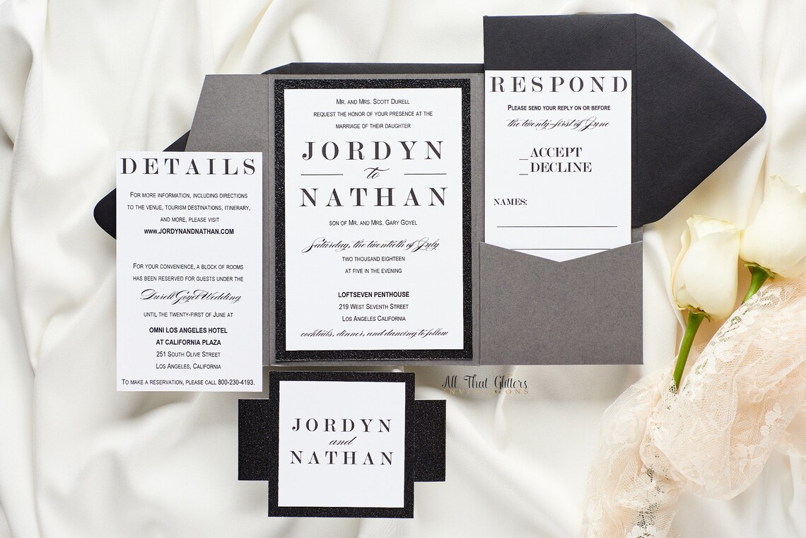 Black Glitter Pocketfold Wedding Invitations, Modern Trifold Design - Etsy