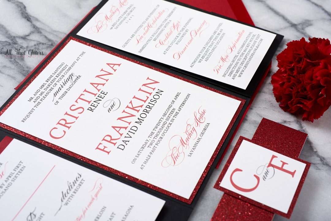 Black Red and White Wedding Invitations With Glitter, Glitter Pocket ...