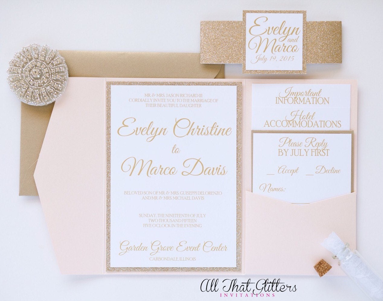 Elegant Wedding Invitation in pocket with glitter backing and | Etsy