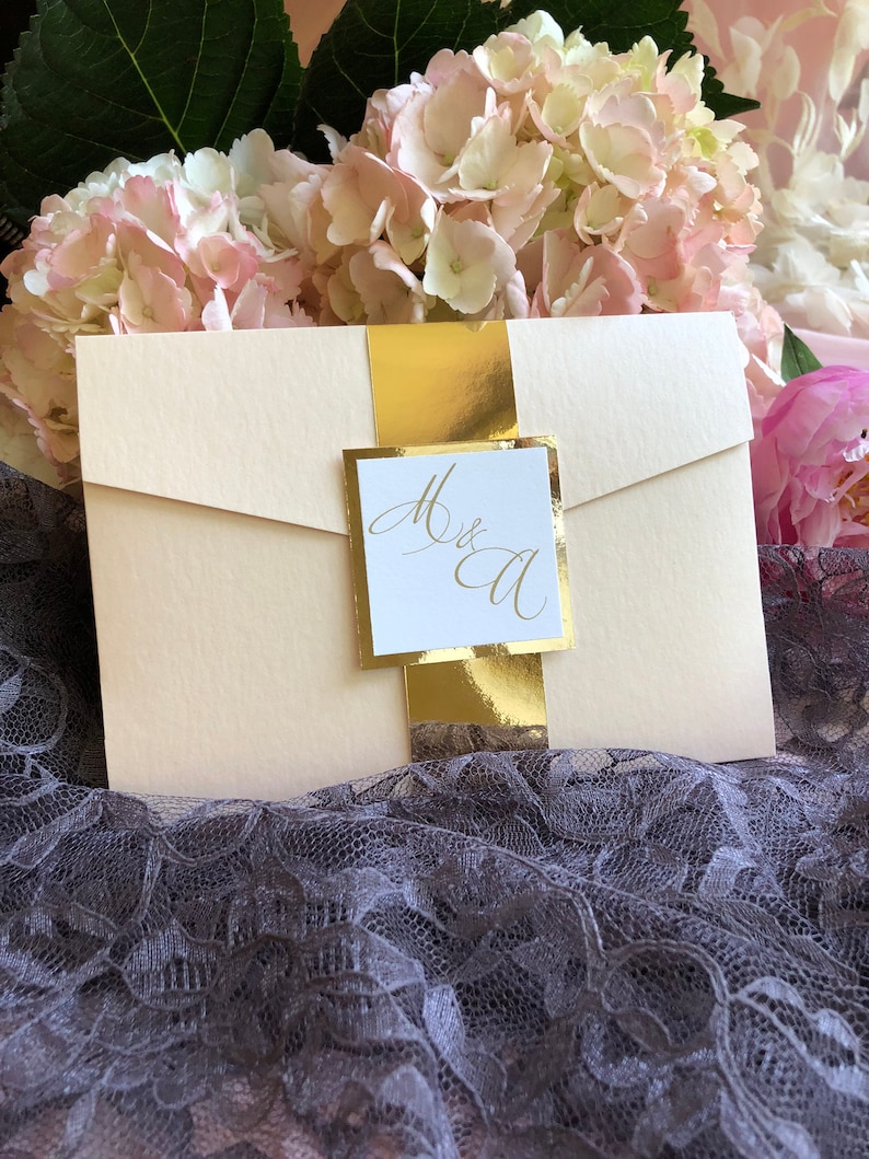 Landscape Wedding Invitation Pocket, Blush and Gold Invitation Suite ...