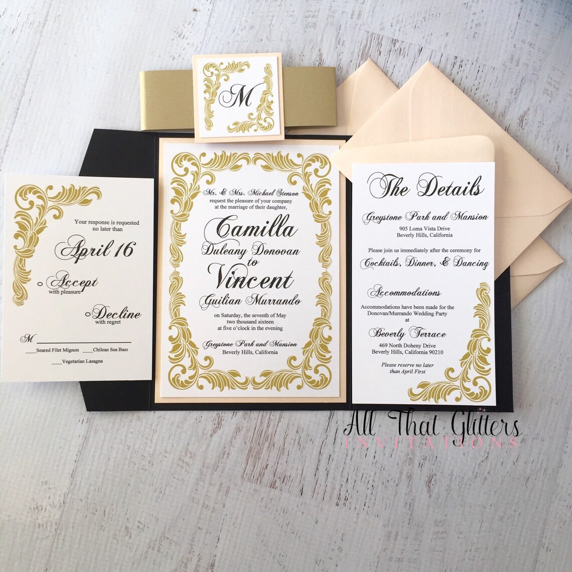 Formal Wedding Invitation Suite With Insert Cards, Gold and Black ...