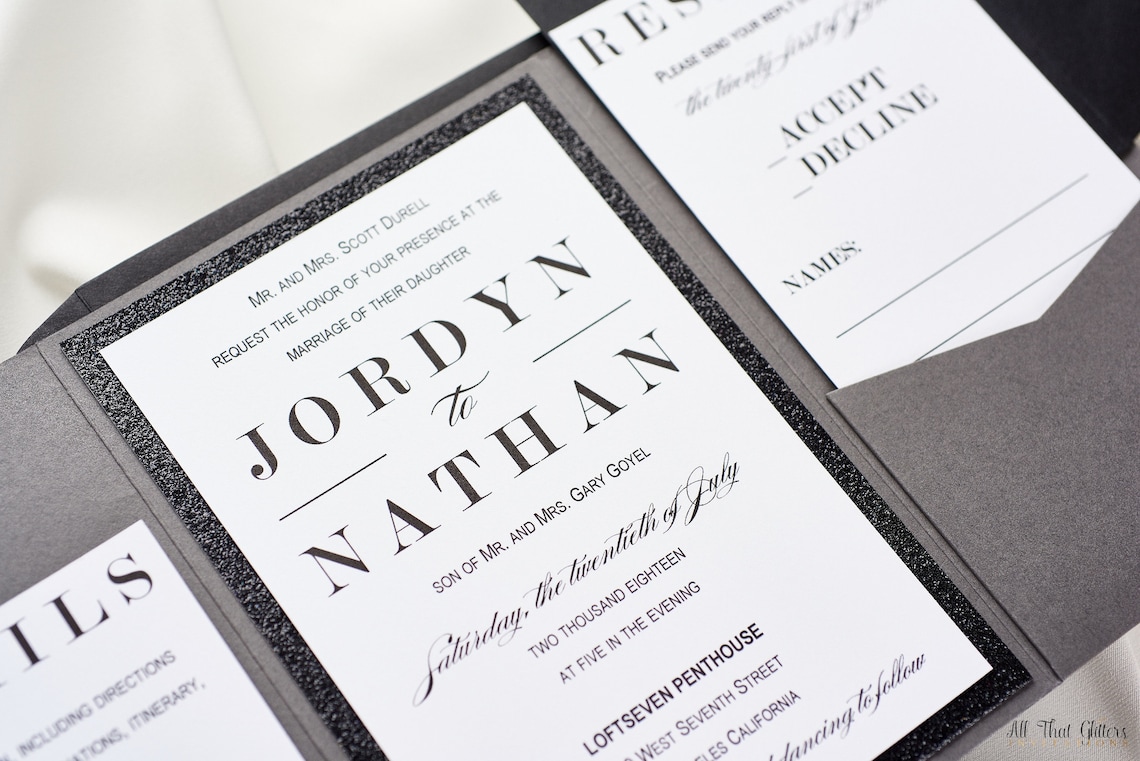 Black and Gray Wedding Invitations Grey and Black Glitter | Etsy