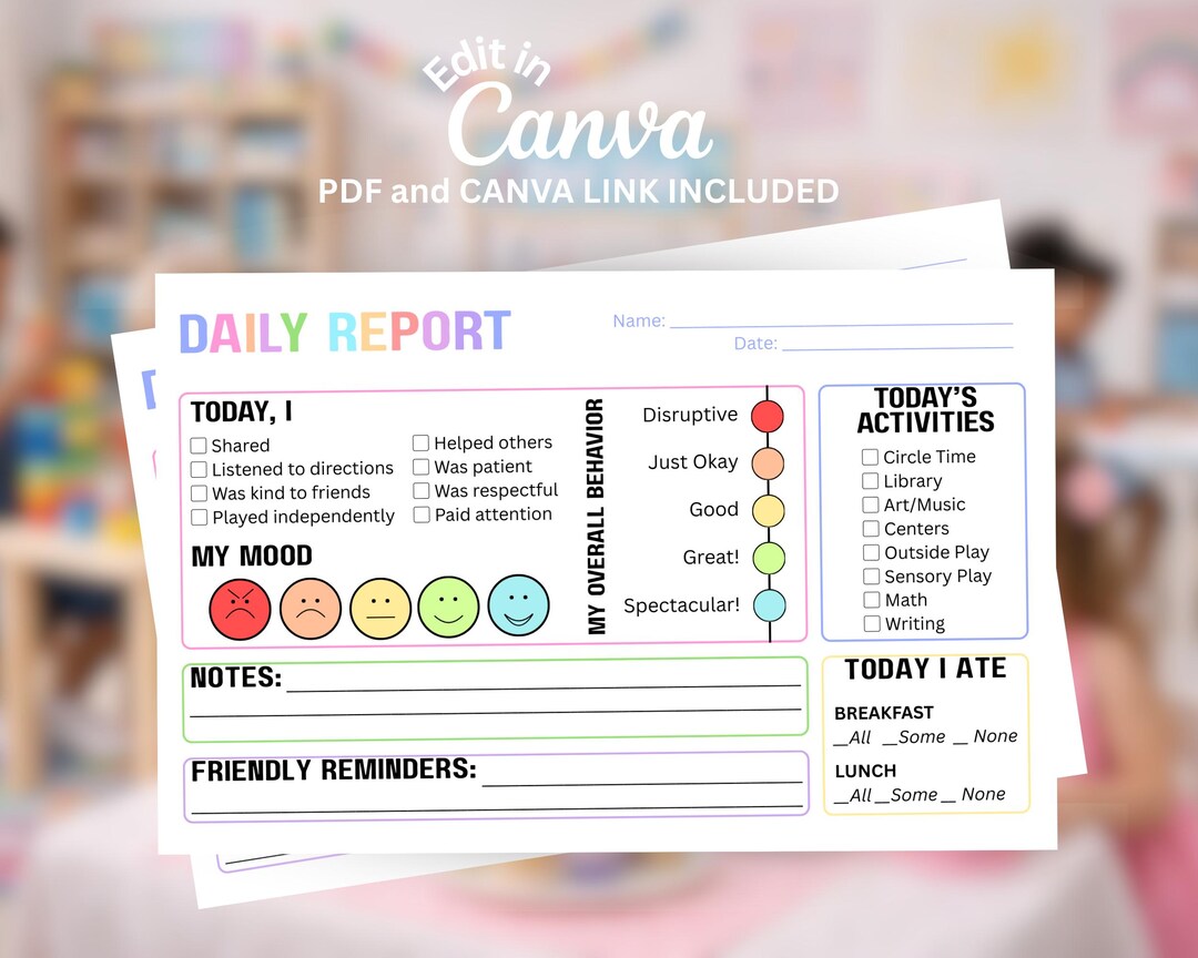 Daycare Daily Report Card for Toddler, Pre-k and School Age | Preschool ...