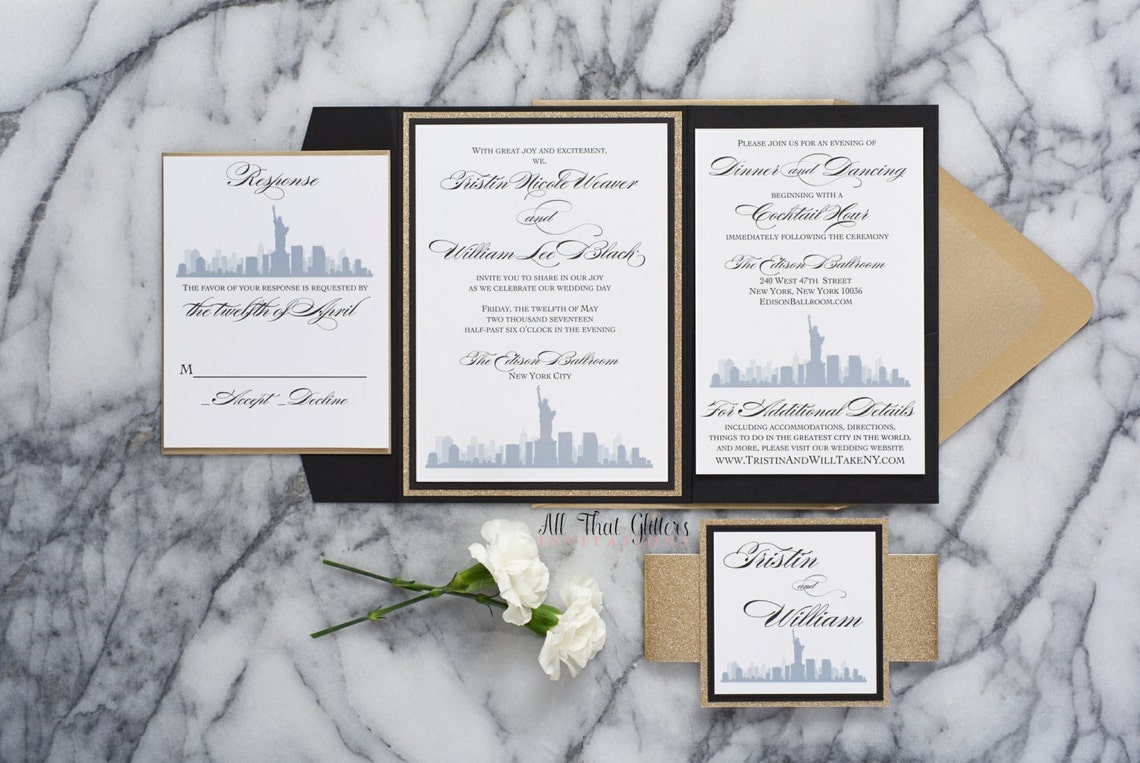 Skyline Wedding Invitations in Pocketfolder Cityscape | Etsy