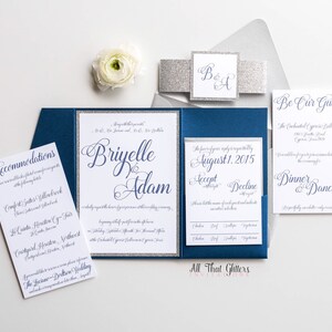 Silver and Navy Blue Wedding Invitation Package With Enclosure Cards ...