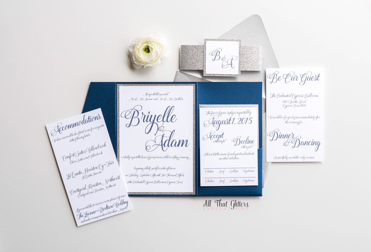 Silver and Navy Blue Wedding Invitation Package With Enclosure - Etsy