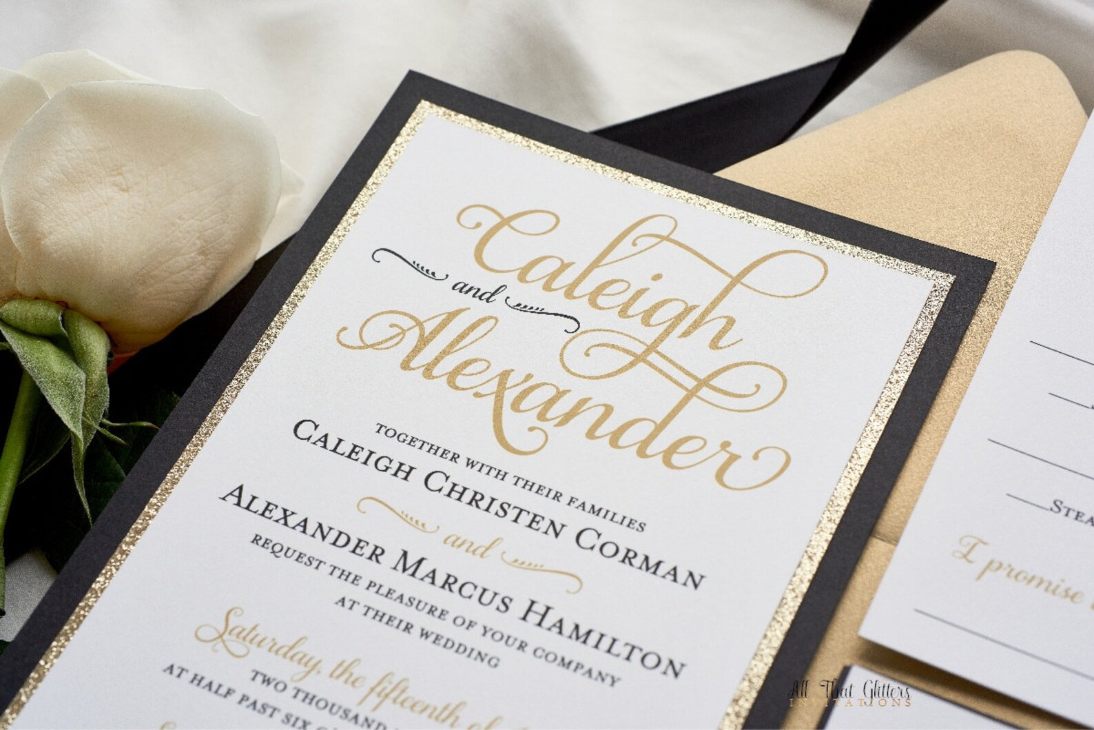 Initial Wedding Invitation With Glitter, Formal Wedding Invitation Set ...