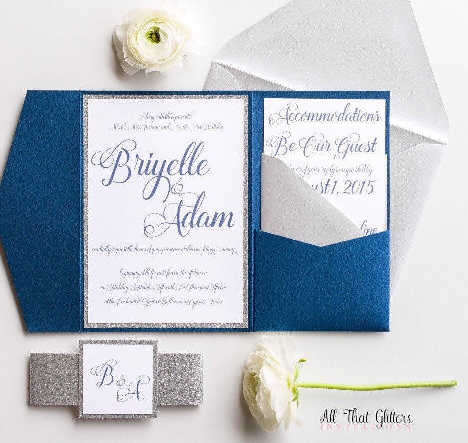 Silver and Navy Blue Wedding Invitation Package with Enclosure | Etsy