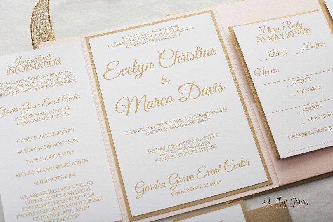 Light Pink Pocket Wedding Invitation Trifold Invitations in - Etsy