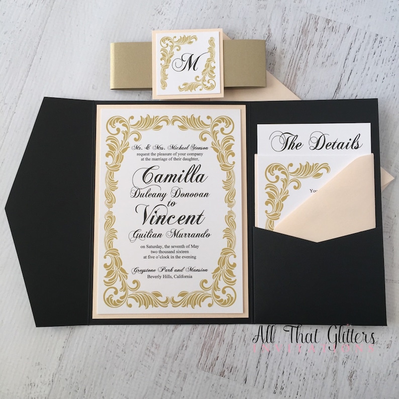 Formal Wedding Invitation Suite With Insert Cards, Gold and Black ...