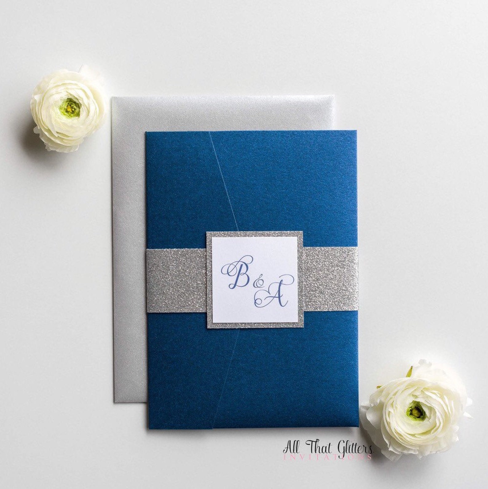 Silver and Navy Blue Wedding Invitation Package With Enclosure - Etsy