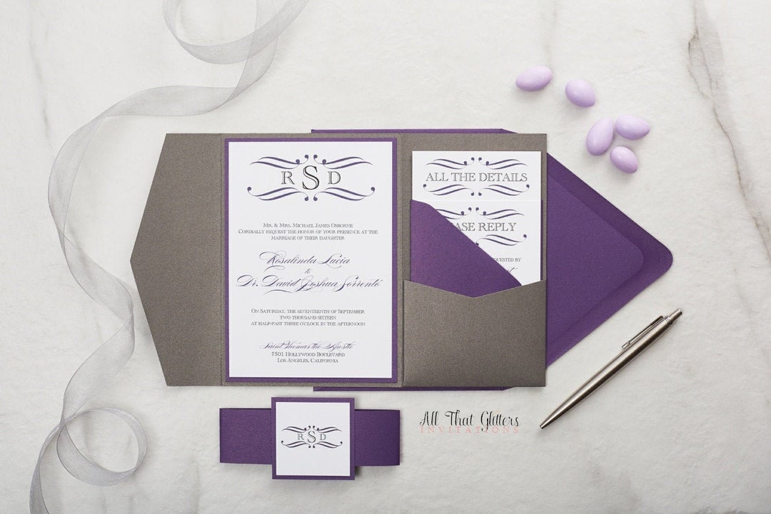 Gray and Purple Wedding Invitations in Pocketfold, Banded Wedding ...