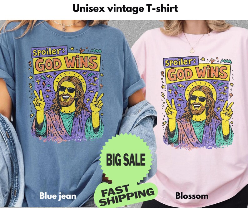 Spoiler God Jesus Wins Shirt, 80s Retro Hippie Art, Colorful Funky ...